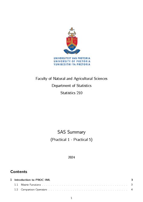 SAS Summary For Pracs Faculty Of Natural And Agricultural Sciences Department Of Statistics