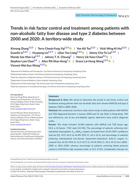 Pdf Trends In Risk Factor Control And Treatment Among Patients With Non‐alcoholic Fatty Liver