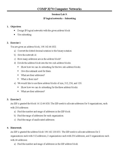Seminar 09 Subnetting Comp 3270 Computer Networks Seminarlab 9 Ip