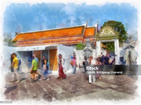 방콕의 왓 포 의 풍경 태국 수채화 스타일 일러스트 인상파 그림 거리에 대한 스톡 벡터 아트 및 기타 이미지 거리 건축 관광 Istock