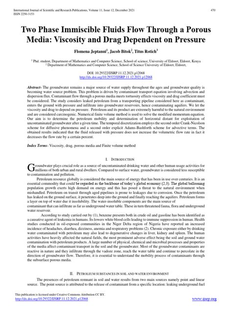 Two Phase Immiscible Fluids Flow Through A Porous Pdf Fluid Dynamics Viscosity