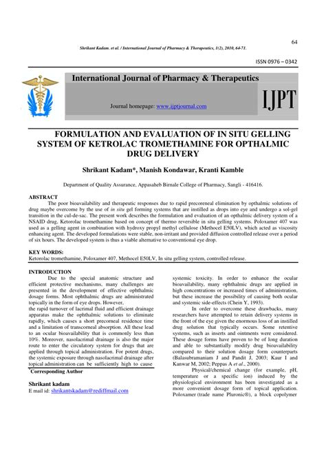 Pdf Formulation And Evaluation Of In Situ Gelling System Of Ketrolac Tromethamine For