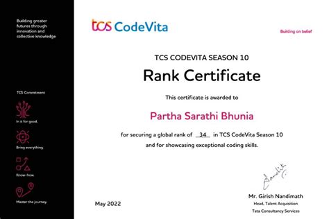 Tcs Codevita Certificate Partha Sarathi Bhunia
