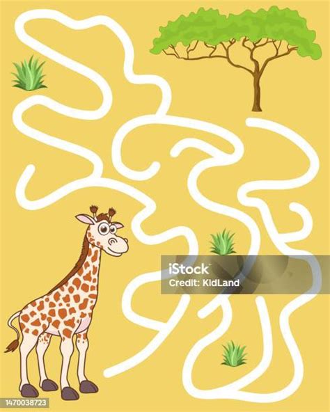 아이들을위한 논리 게임 기린이 아카시아 나무로가는 길을 찾도록 도와주세요 출입 솔루션이있는 미로 귀여운 캐릭터 기린과 교육 미로 게임 벡터 만화 스타일 그림입니다 0명에
