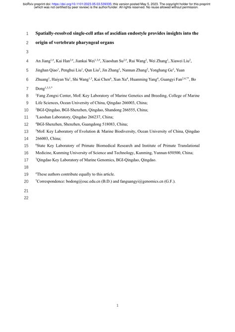 Pdf Spatially Resolved Single Cell Atlas Of Ascidian Endostyle Provides Insights Into The