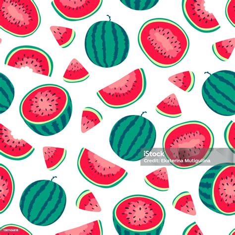 벡터 수박 손 그려진 매끄러운 패턴 귀여운 여름 신선한 과일 인쇄 수박 빨간 조각 반 슬라이스 및 전체 수박 벽지 직물 디자인에 대한 흰색 배경에 질감을 반복 0명에 대한
