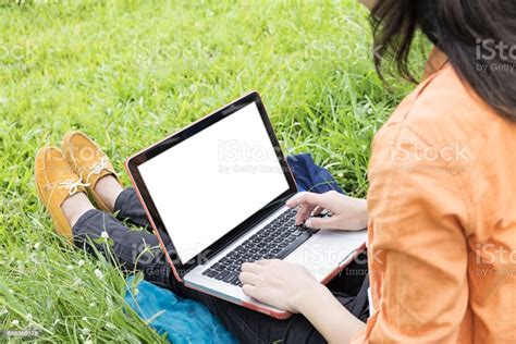 녹색 잔디에 젊은 여 자가 앉아 노트북 야외 자유와 휴식 개념으로 음악을 즐길 수 꽃 식물에 대한 스톡 사진 및 기타 이미지 꽃 식물 데이지속 듣기 Istock
