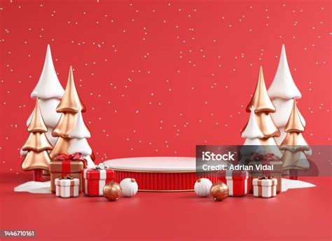 3d 그림에 연단 플랫폼 빨간색과 금색 축제 물건이 있는 크리스마스 배너 배경 크리스마스에 대한 스톡 사진 및 기타 이미지 크리스마스 강단 장식품 Istock