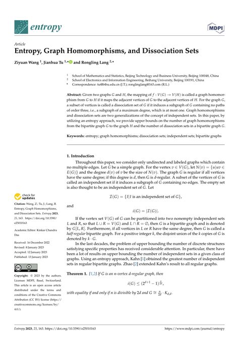 Pdf Entropy Graph Homomorphisms And Dissociation Sets