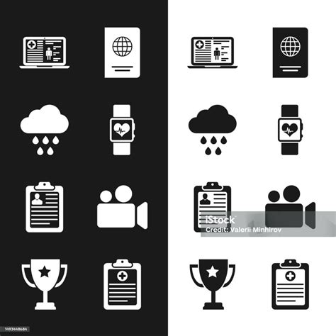 스마트 워치 심장 박동수 비가 내리는 구름 의료 임상 기록 여권 클립 보드 이력서 및 영화 비디오 카메라 아이콘을 설정합니다 벡터 건강 진단에 대한 스톡 벡터 아트 및 기타