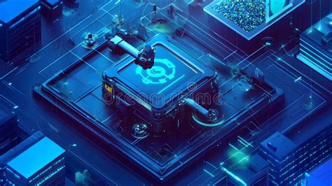 Futuristic Digital Processor Unit Glowing Blue Circuitry Isometric View Stock Illustration