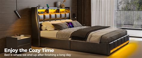 Rolanstar Full Size Bed Frame With Led Lights And Charging Station Pu Leather Bed Storage