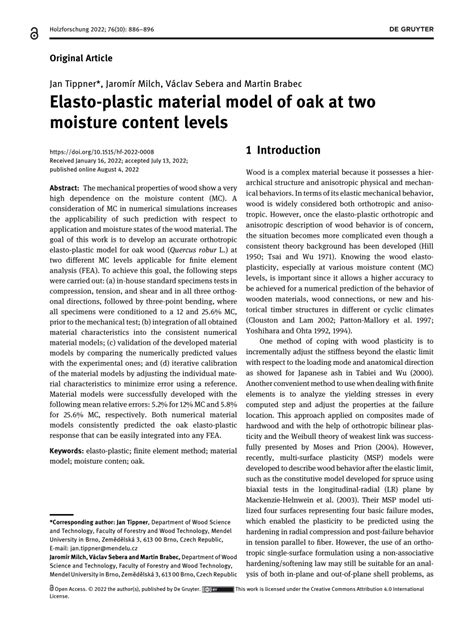 Pdf Elasto Plastic Material Model Of Oak At Two Moisture Content Levels