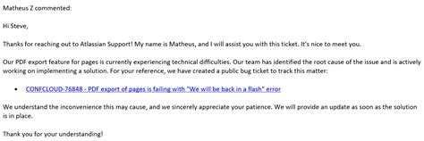 Confluence Error Message When Trying To Export Pag
