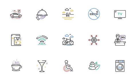 호텔 서비스 라인 아이콘입니다 Wifi 에어컨 및 커피 메이커 기계 선형 세트입니다 벡터 개념에 대한 스톡 벡터 아트 및 기타 이미지 Istock