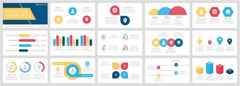 그래프와 차트가있는 다목적 프리젠 테이션 템플릿 슬라이드에 대한 노란색 파란색 및 빨간색 요소 세트 다이어그램에 대한 스톡 벡터