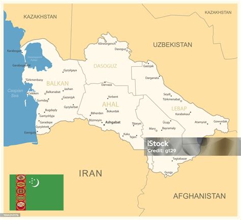 투르크 메니스탄 행정 구역과 국기와 상세지도 벡터 그림 지도에 대한 스톡 벡터 아트 및 기타 이미지 지도 투르크메니스탄 0명 Istock