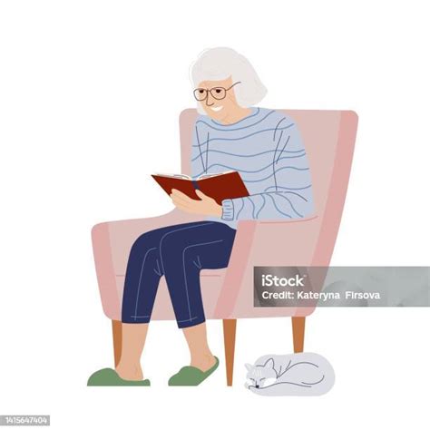 안락 의자에서 노인 여성을 읽습니다 책과 함께 안락 의자에 앉아있는 할머니 흰색 배경에 고립 된 벡터 귀여운 평면 일러스트레이션 여자 노인에 대한 스톡 벡터 아트 및 기타