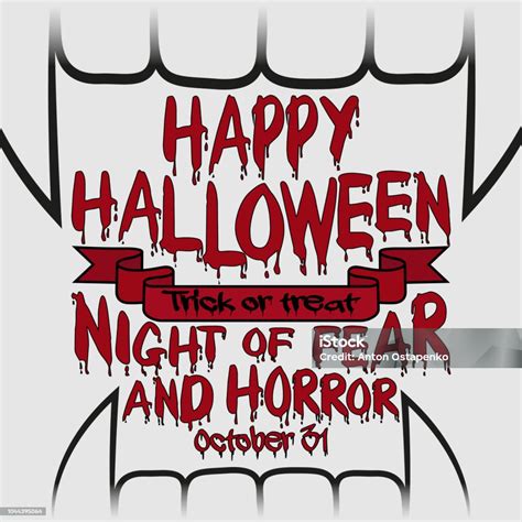 뱀파이어 송곳 니와 빛 배경에 축 또는 초대 전단지의 벡터 그림 비문 행복 할로윈와는 밤의 공포 및 공포 속임수 또는 치료 10월에 대한 스톡 벡터 아트 및 기타 이미지