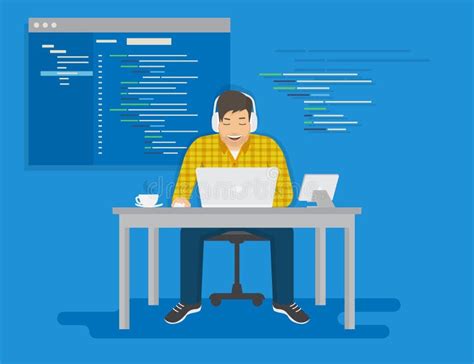 programmer coding on laptop computer on work desk vector illustration cartoon flat freelancer