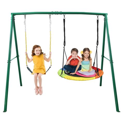 New Trekassy 440lbs 2 Seat Swing Set For Backyard 1 Saucer Swing And 1 Belt Swing With Heavy