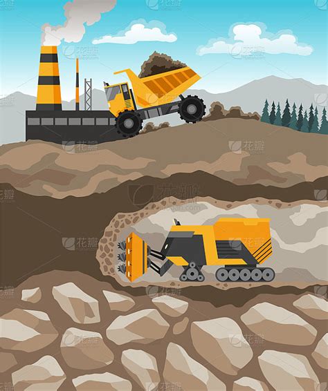 煤炭开采。在地下使用工具的矿工。工业设备和机械的背景在土层中。矿井里的矿工生产品种。卡车把石头从矿山