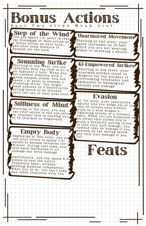 dnd character sheet monk actions and bonus actions etsy uk