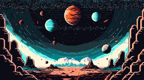 행성과 별이 있는 은하계 우주 풍경 Ai는 우주 모험과 성간 탐험의 본질을 포착하는 복고풍 미래적 분위기로 8비트 픽셀 게임 장면 배경을 생성했습니다 프리미엄 벡터