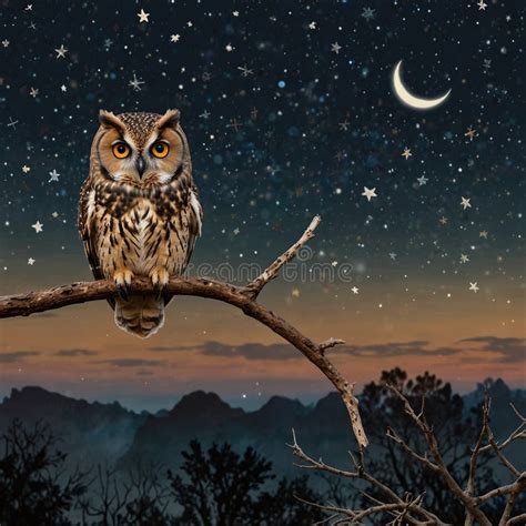 Owl Perched On A Branch Under A Starry Night Sky With A Crescent Moon