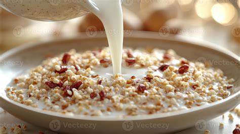 Warm Cereal Blend Being Enhanced By Pouring Fresh Milk Creating A