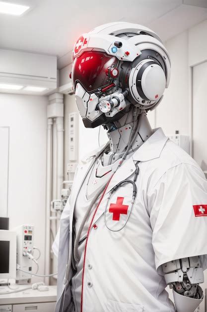 Premium Ai Image A Medical Robot With A Red Cross On His White Coat Stands In A Lab