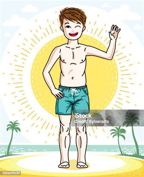 아름 다운 작은 소년이 귀여운 아이가 화려한 세련 된 비치 반바지에 서 벡터 매력적인 아이 그림 패션 및 라이프 스타일 테마 만화 감정에 대한 스톡 벡터 아트 및 기타
