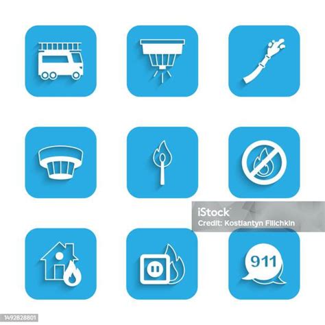 화재 소켓의 전기 배선 비상 전화 911 아니오 화재 연소 집 화재 경보 시스템 호스 릴 및 트럭 아이콘과 불타는 성냥을 설정하십시오 벡터 감지기에 대한 스톡 벡터 아트 및