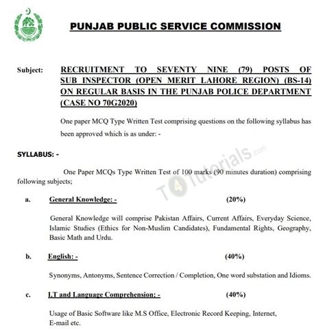 Sub Inspector Assistant Sub Inspector Syllabus Ppsc Pakistan