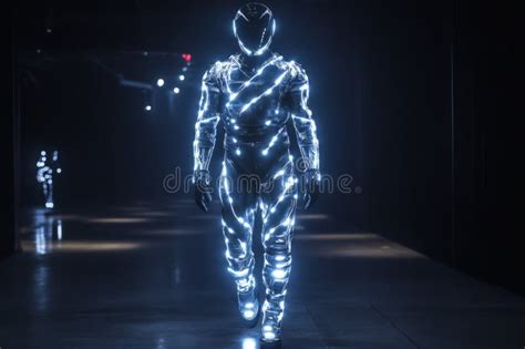Astronaut Wearing Illuminated Futuristic Suit Walking In Dark Corridor
