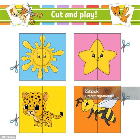 잘라내기 및 재생합니다 플래시 카드 색상 퍼즐 교육 개발 워크 시트 활동 페이지 어린이를위한 게임 재미있는 캐릭터 격리된 벡터 그림입니다 만화 스타일입니다 가위에 대한 스톡