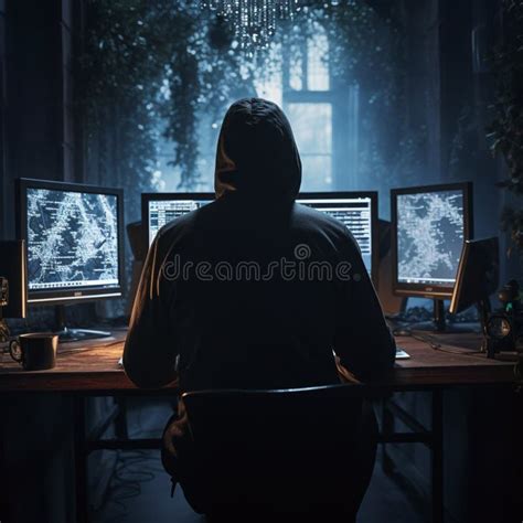 Full Rear View Of An Anonymous Hooded Hacker Coding In Darkness Stock Illustration