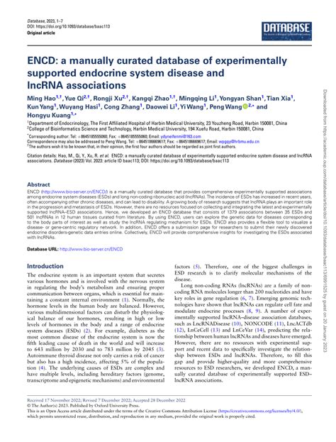 Pdf Encd A Manually Curated Database Of Experimentally Supported Endocrine System Disease And