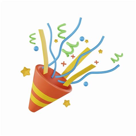 색종이와 3d 폭죽 색종이 조각이 있는 3d 파티 포퍼 프리미엄 사진