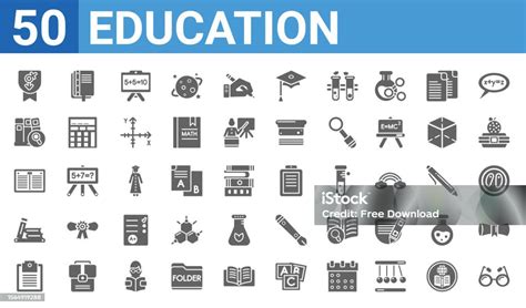 50개의 교육 웹 아이콘 집합입니다 공부 안경 형제애 빈 클립 보드 도서관 책 책갈피로 열린 노트북 책 및 돋보기 더미 닫힌 책과 같은 채워진 글리프 아이콘 0명에 대한