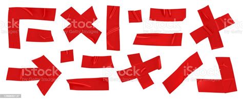 흰색 배경에 격리 된 빨간색 덕트 수리 테이프 설정 고정을위한 사실적인 빨간색 접착 테이프 조각 스카치 화살표 십자가 모서리와 종이 붙어 사실적인 3d 벡터 일러스트레이션