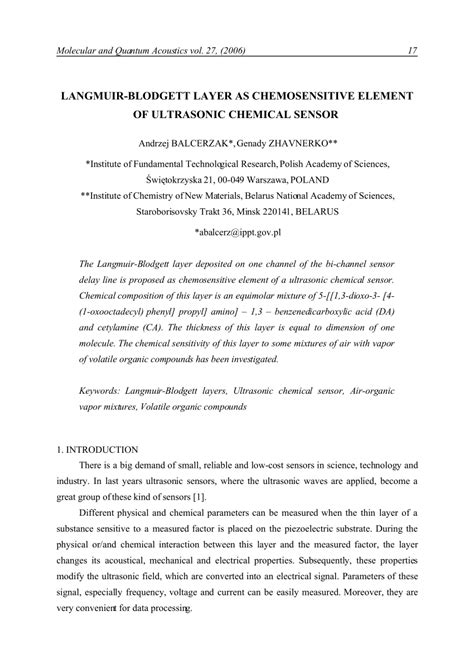 Pdf Langmuir Blodgett Layer As Chemosensitive Element Of Ultrasonic Chemical Sensor