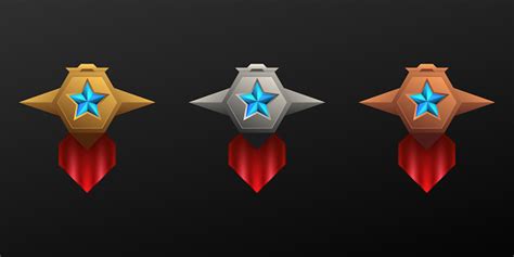 게임 Ui 디자인을위한 판타지 골드 실버 및 브론즈 게임 업적 배지 메달 1위에 대한 스톡 벡터 아트 및 기타 이미지 1위