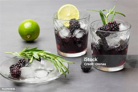 블랙 베리 얼음 및 로즈마리와 함께 여름 차가운 음료를 주입했습니다 접시에 녹은 얼음과 블랙 베리 블랙베리에 대한 스톡 사진 및 기타 이미지 Istock
