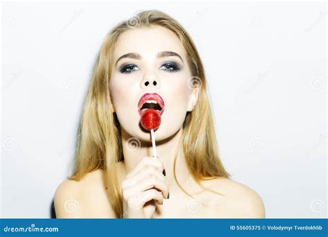 Sexual Young Blonde Woman Portrait With Sugar Candy Stock Image Image