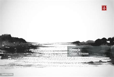 스미 잉크로 그려진 아시아 스타일의 손으로 호수 전망을 감상할 수 있는 풍경 전통적인 동양 잉크 페인팅 스미e U죄 고화 상형 문자의 번역 선 수묵화에 대한 스톡 벡터 아트