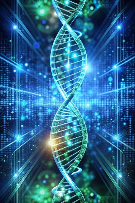 Abstract Dna Helix Glowing In Blue Light Surrounded By Digital Binary