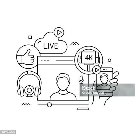 일러스트 레이션 비디오 블로거 개념의 벡터 세트입니다 웹 페이지 배너 포스터 인쇄 등을 위한 라인 아트 스타일 배경 디자인 벡터 일러스트레이션 사람들에 대한 스톡 벡터 아트