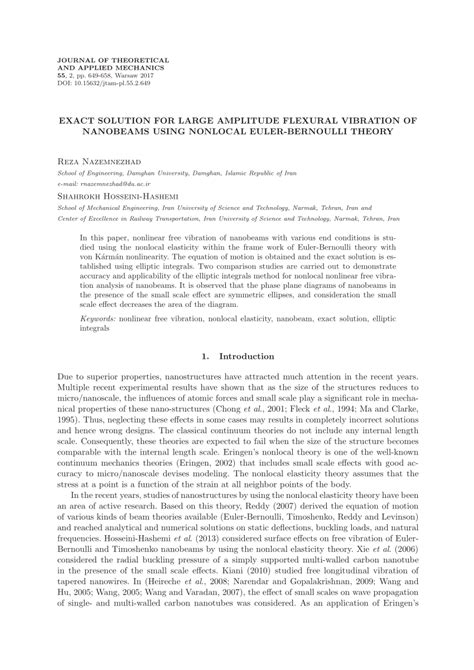 Pdf Exact Solution For Large Amplitude Flexural Vibration Of Nanobeams Using Nonlocal Euler