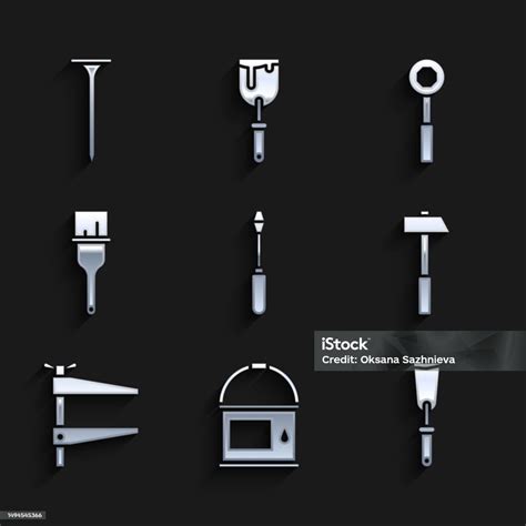 드라이버 페인트 통 퍼티 나이프 망치 클램프 도구 브러시 렌치 스패너 및 금속 네일 아이콘을 설정합니다 벡터 갈고리 발톱에 대한